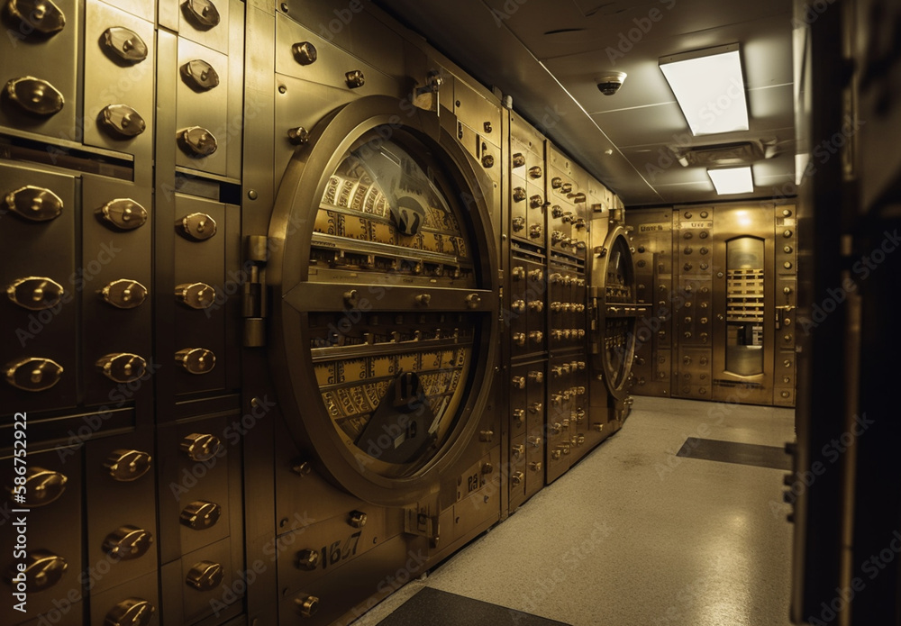 Bank vault door. Safe deposit boxes room in bank vault. Inside in Bank ...