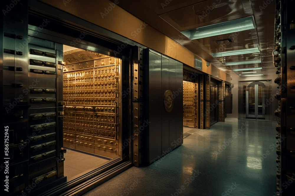 Bank vault door. Safe deposit boxes room in bank vault. Inside in Bank ...