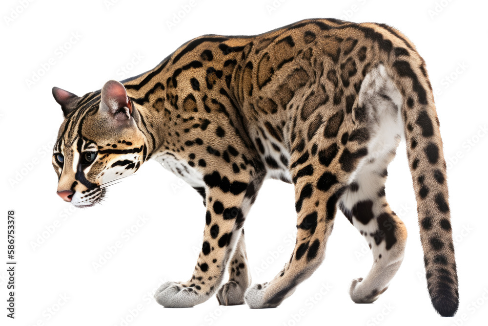 an isolated ocelot jungle cat walking and stalking prey, side-view ...
