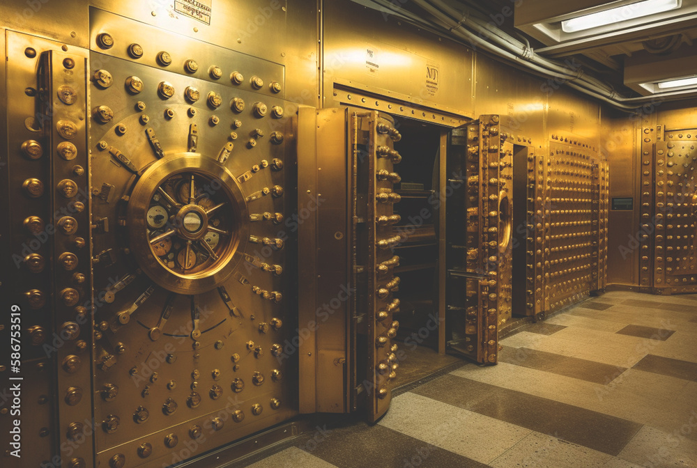 Bank vault door. Safe deposit boxes room in bank vault. Inside in Bank ...