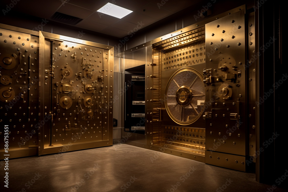 Bank vault door. Safe deposit boxes room in bank vault. Inside in Bank ...