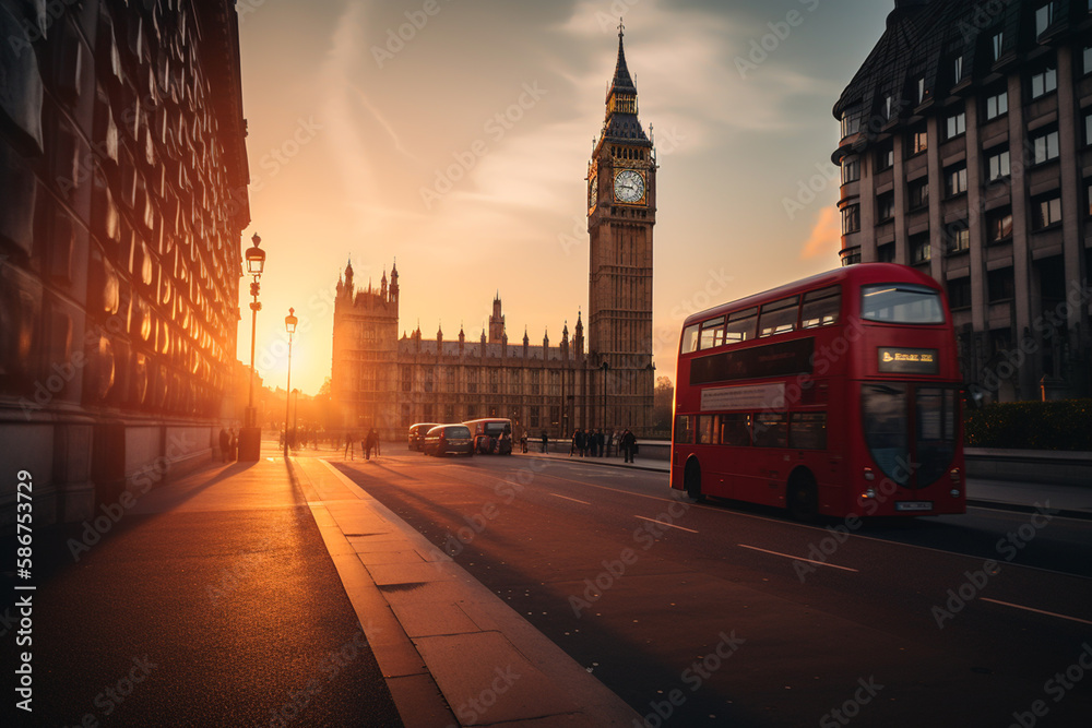 Photo Art Print Red bus on road in London near Big Ben Clock Tower MaxSafaniuk