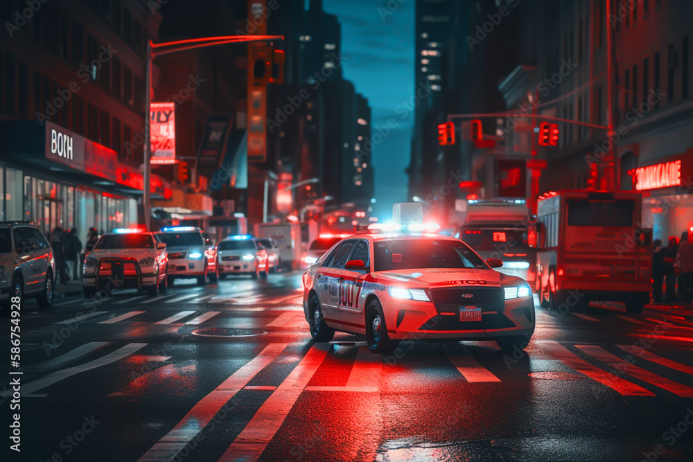 Police lights and Police car in New York. Police car with red and blue ...