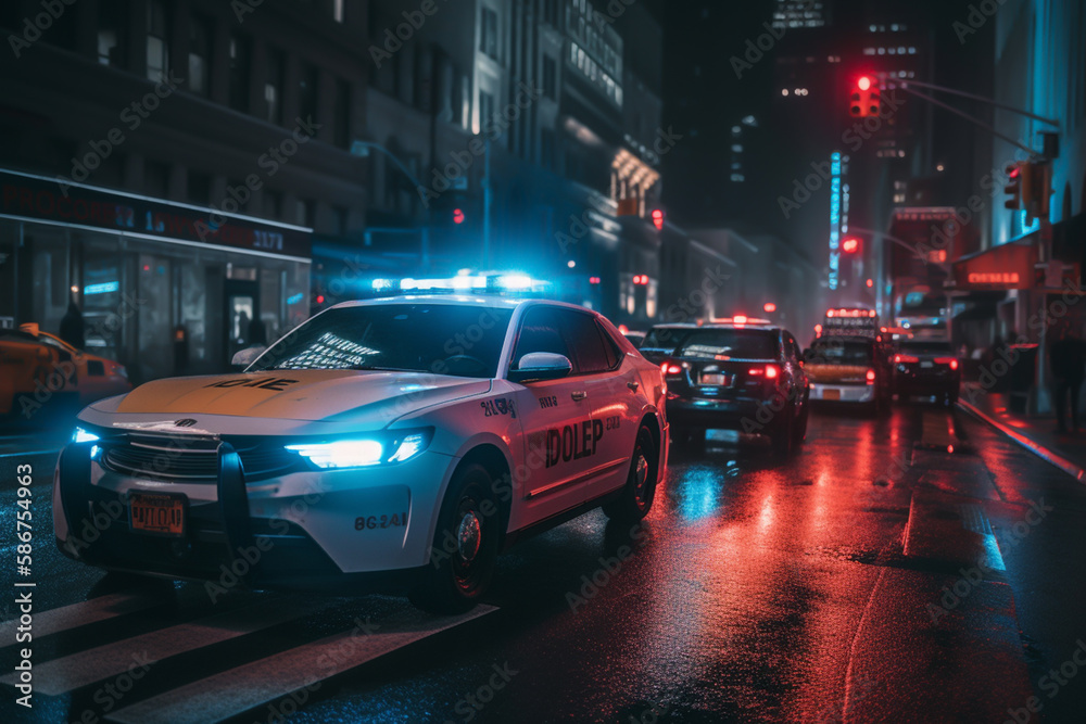 Police lights and Police car in New York. Police car with red and blue ...