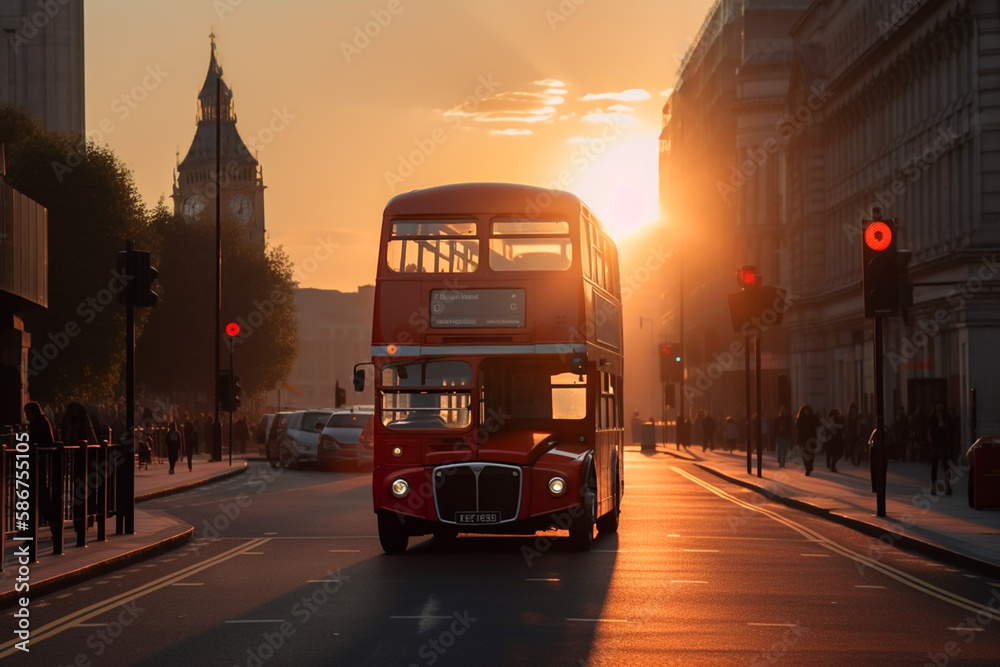 Red bus on road in London near Big Ben Clock Tower. Road traffic in ...