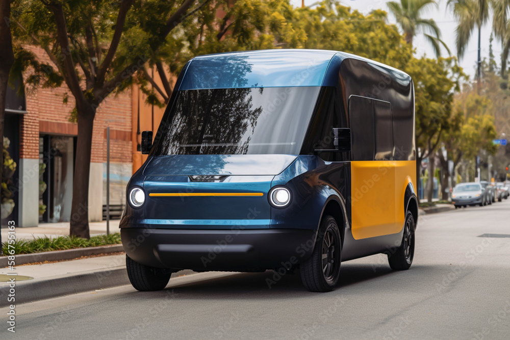 Electric Van Delivering on road. Driver of Electric cargo van delivers ...