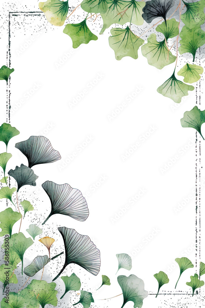 Watercolor illustration of ginkgo biloba greenery border with splatter ...