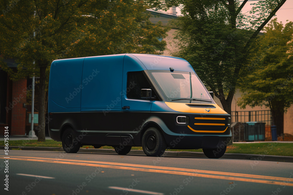 Electric Van Delivering on road. Driver of Electric cargo van delivers ...