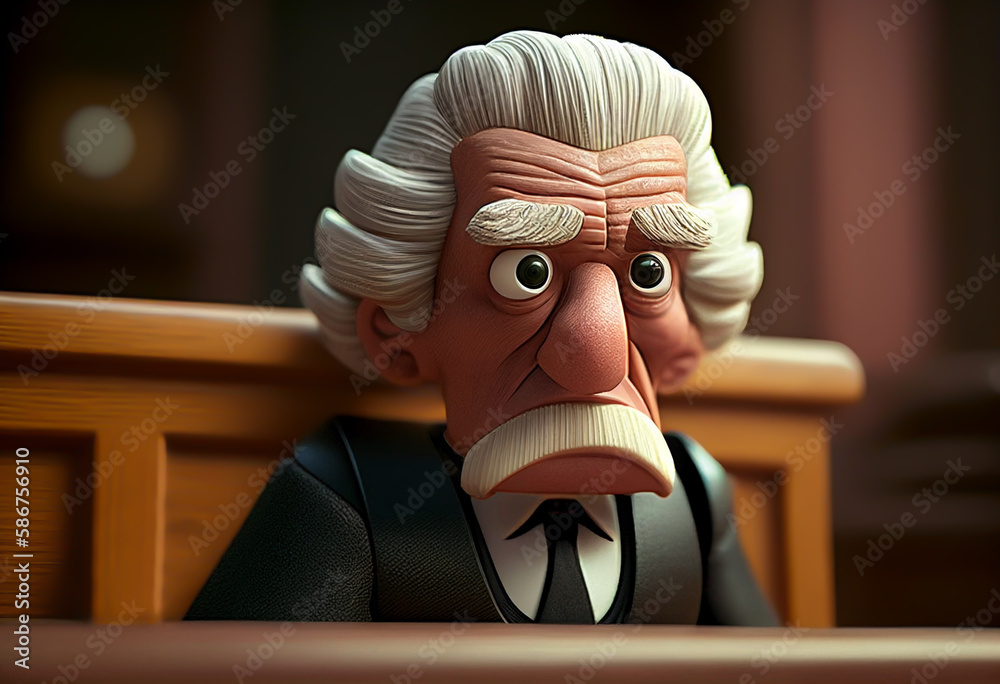 Cartoon character judge with a judge gavel in courtroom. Angry cartoon ...