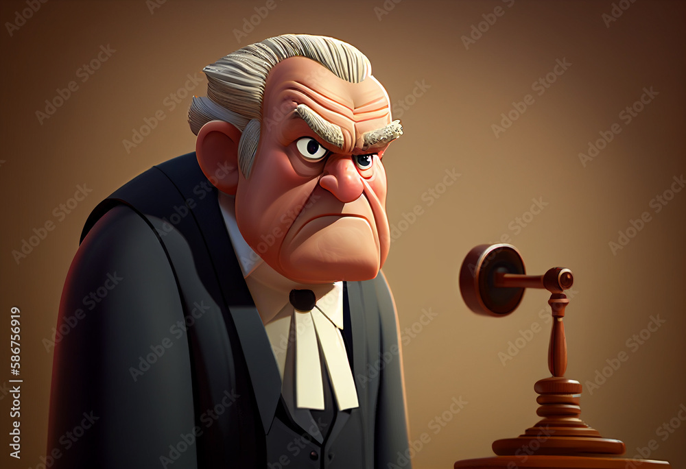 Cartoon character judge with a judge gavel in courtroom. Angry cartoon ...