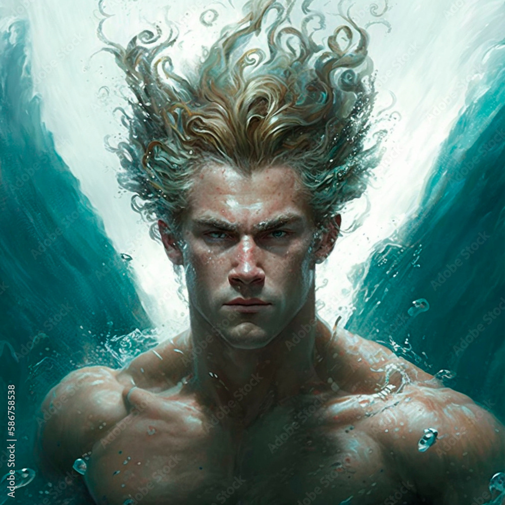 Illustration of a powerful merman underwater with floating hair serious ...