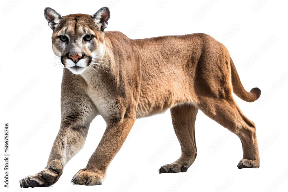 an isolated mountain lion cougar side-view, stalking prey, fierce ...