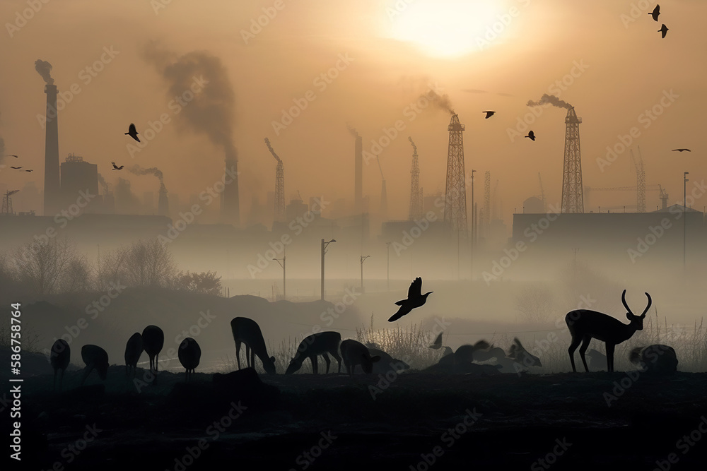 Naklejka Silhouettes of animals on the terrain with ecological problems ...