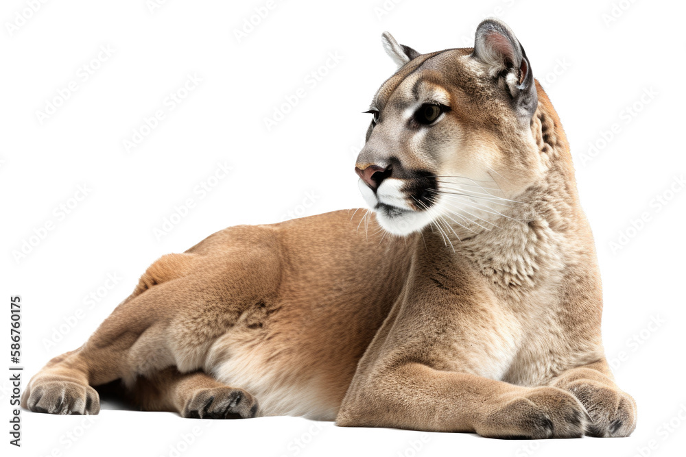 an isolated mountain lion cougar laying down, resting, fierce mountain ...