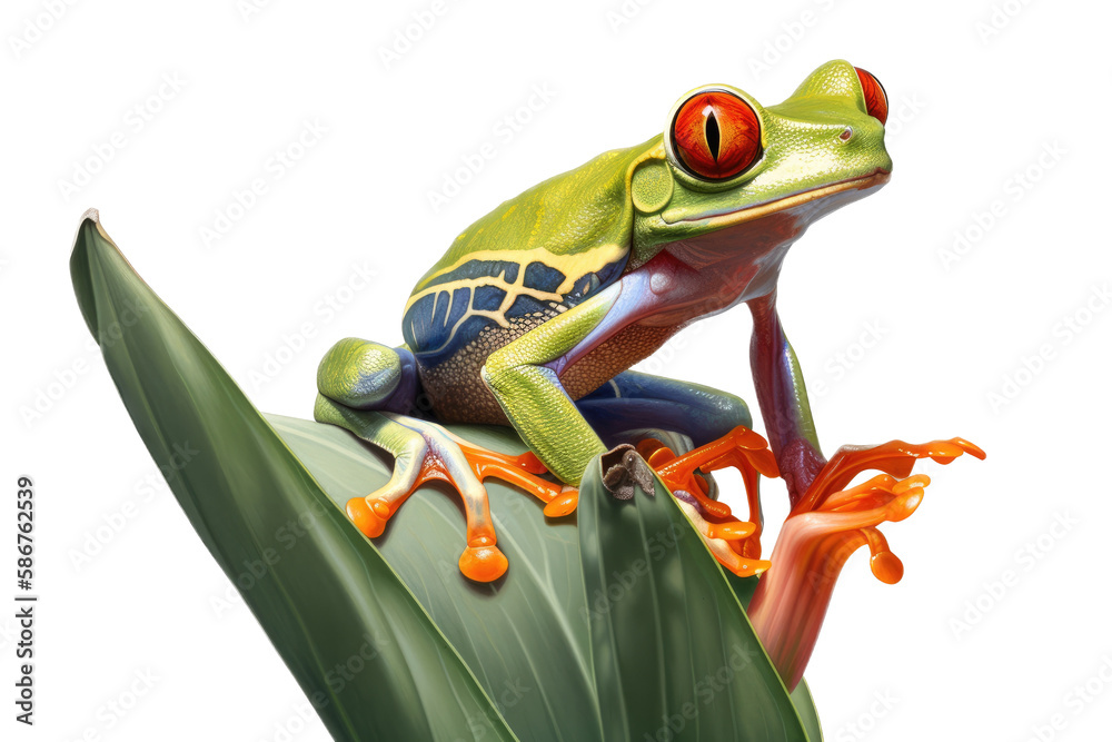 an isolated green red-eyed tree frog on orange jungle flowers, side ...