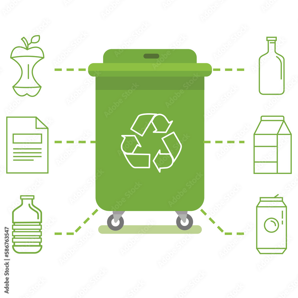 garbage can with green recycling symbol / bote de basura con simbolo de ...