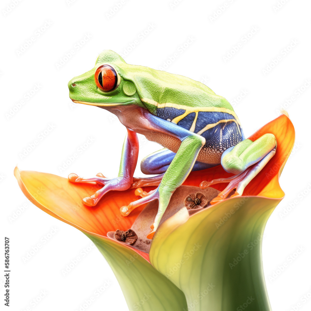 an isolated green red-eyed tree frog on orange jungle flowers, side ...
