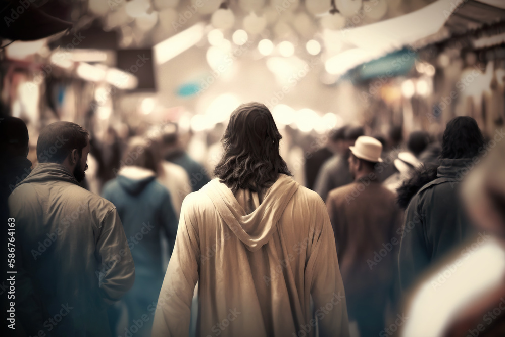Jesus as the savior walking through a crowded marke, created with ...