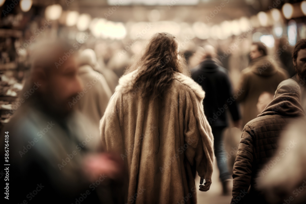 Jesus as the savior walking through a crowded marke, created with ...