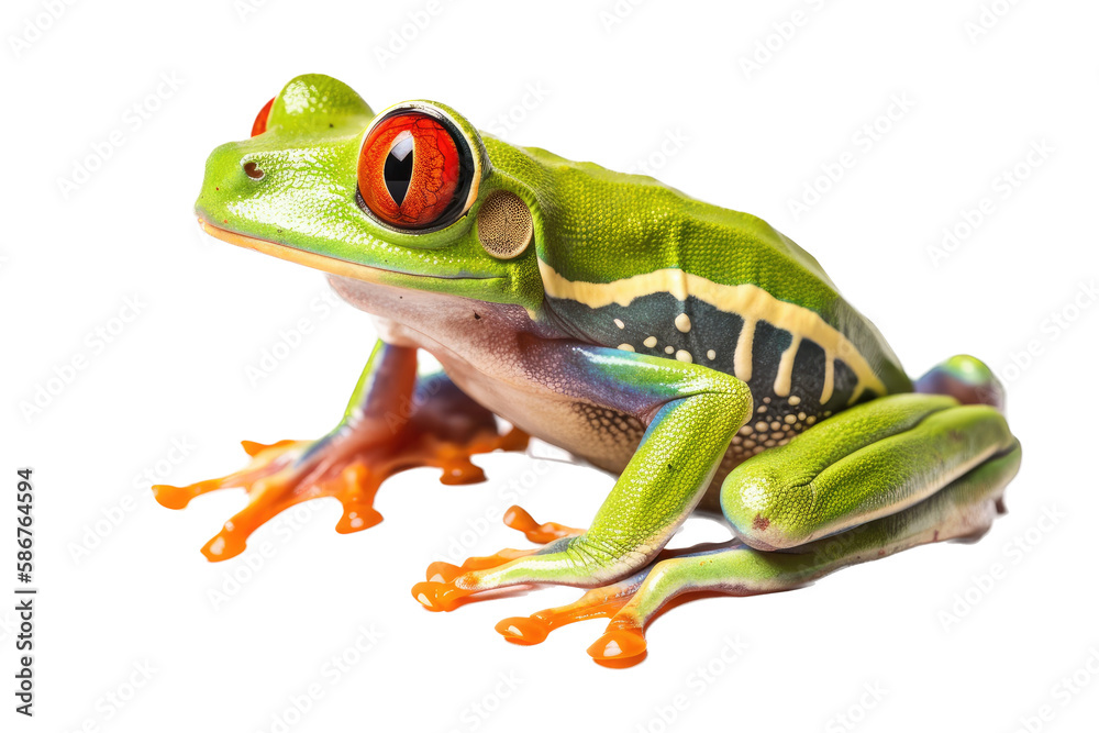 an isolated red-eyed tree frog, side-view portrait, rainforest-themed ...