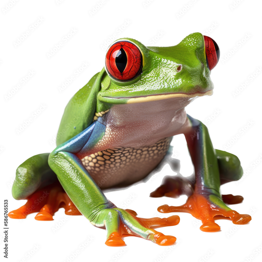an isolated red-eyed tree frog front view, jungle-themed photographic ...