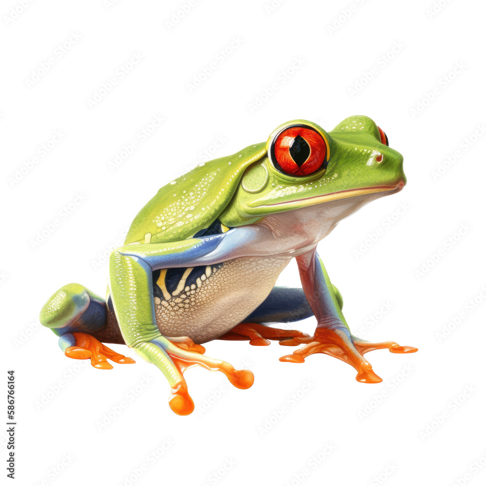 an isolated red-eyed tree frog, side-view portrait, rainforest-themed ...