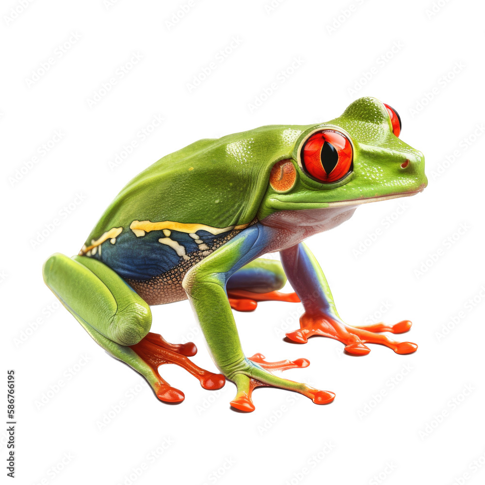 an isolated red-eyed tree frog, side-view portrait, rainforest-themed ...