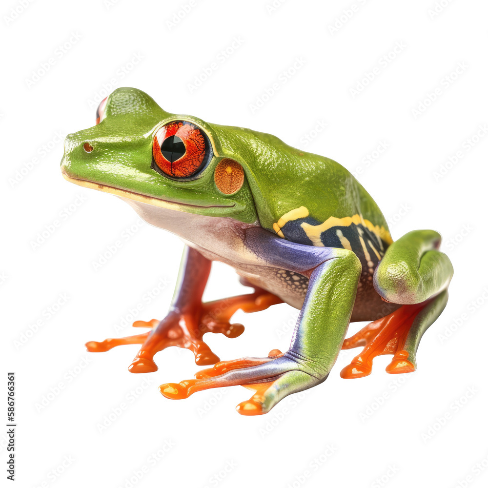 an isolated red-eyed tree frog, side-view portrait, rainforest-themed ...