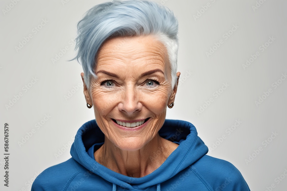 smiling senior woman with blue hair and hoodie over grey background ...