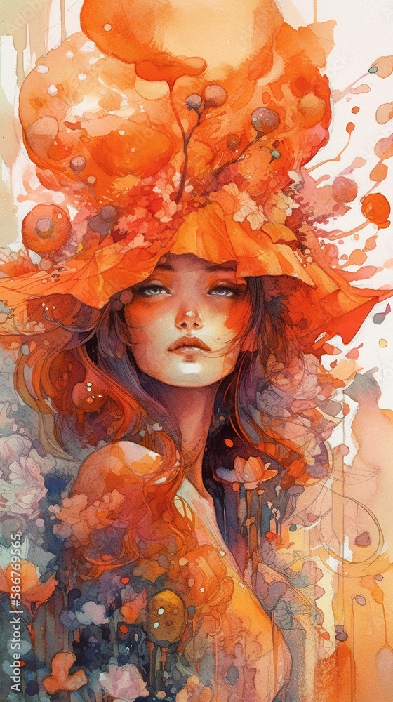 Beautiful female fairy goddess surrounded by millions of vibrant orange ...