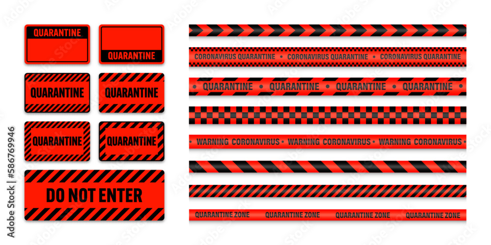 Various quarantine zone warning tapes and shields. Novel coronavirus ...