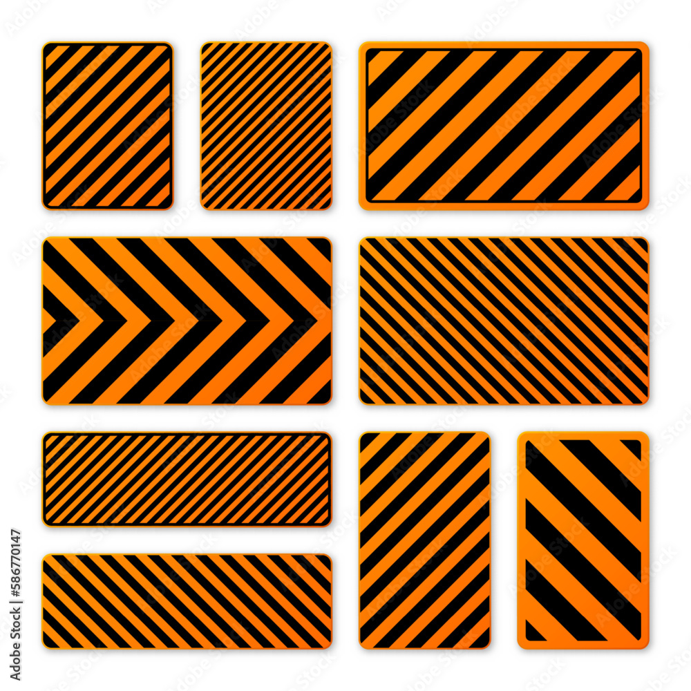 Various black and orange warning signs with diagonal lines. Attention ...