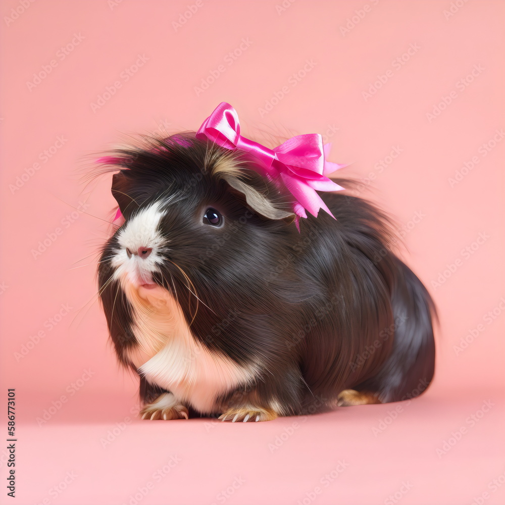 guinea pig with bow isolated on plain pink studio background, made with ...