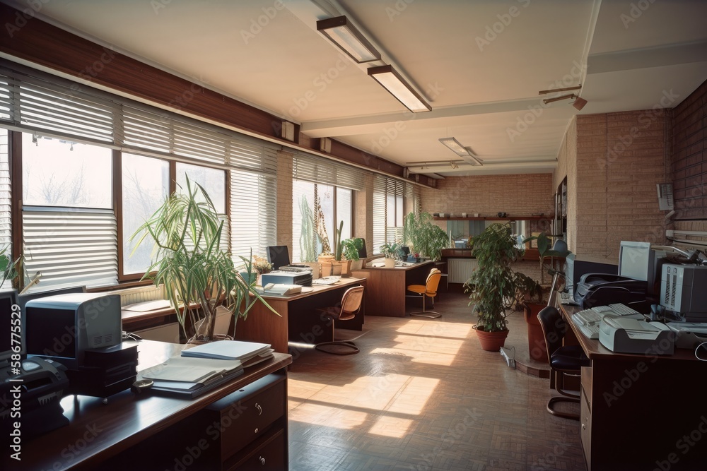1980s styled office interior. Vintage computers and desks, lots of ...