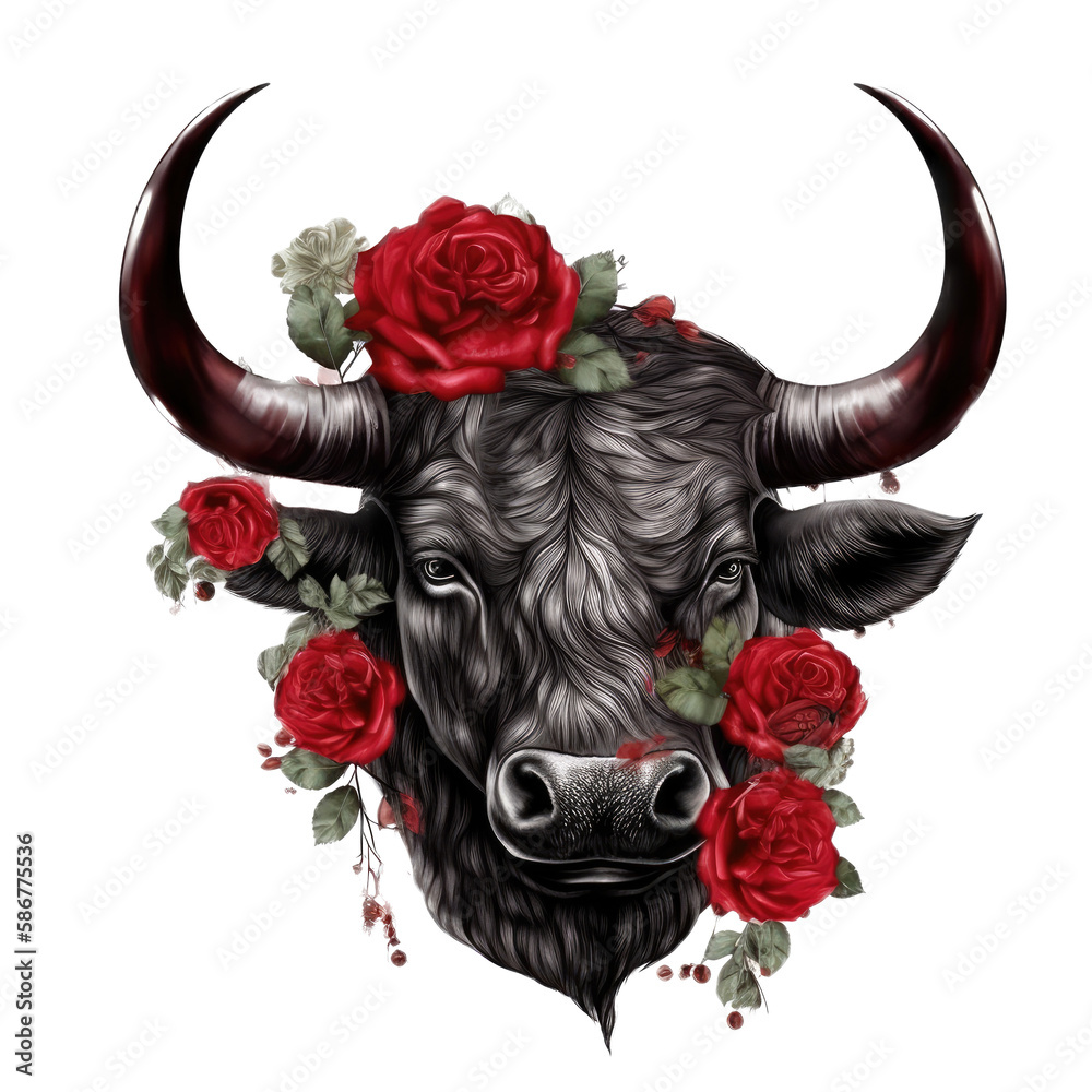 Bull black cow, portrait, horns with red roses circular frame, frontal ...
