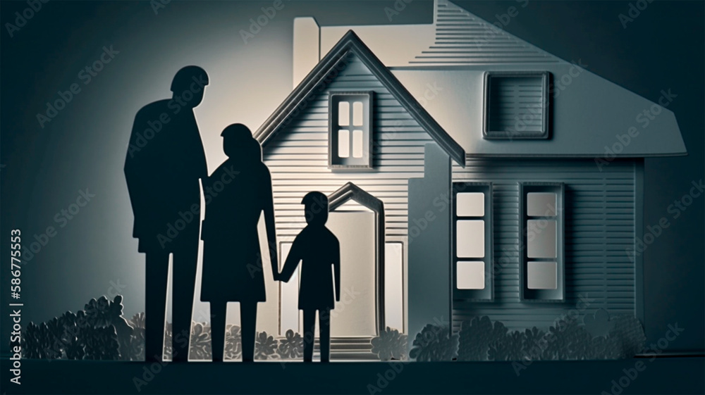 family standing in front of their new home, scene from paper folded ...