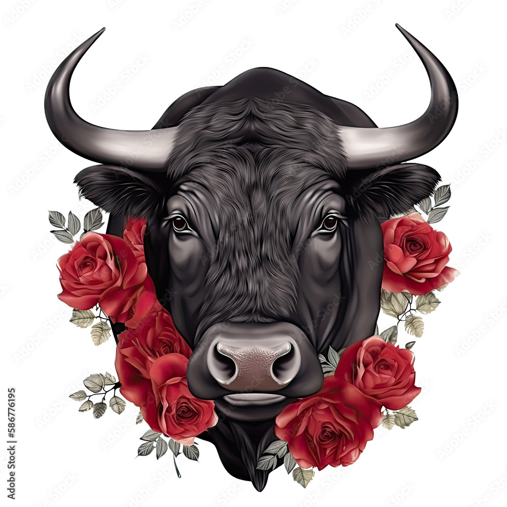 Bull black cow, portrait, horns with red roses circular frame, frontal ...