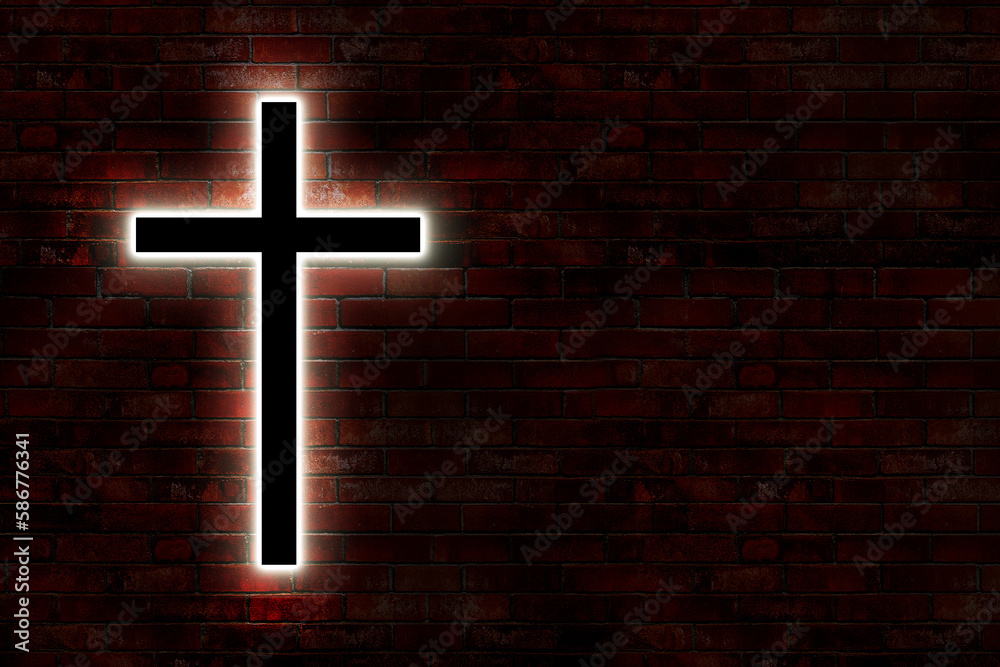 Illuminated Cross. Illuminated cross on a brick background with space ...