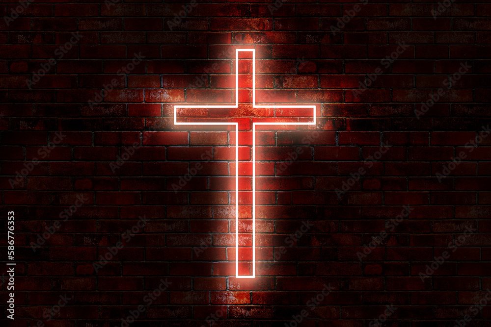 Illuminated Cross. Illuminated cross on a brick background with space ...