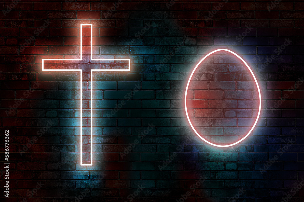Illuminated cross and egg background. Illuminated cross on a brick ...