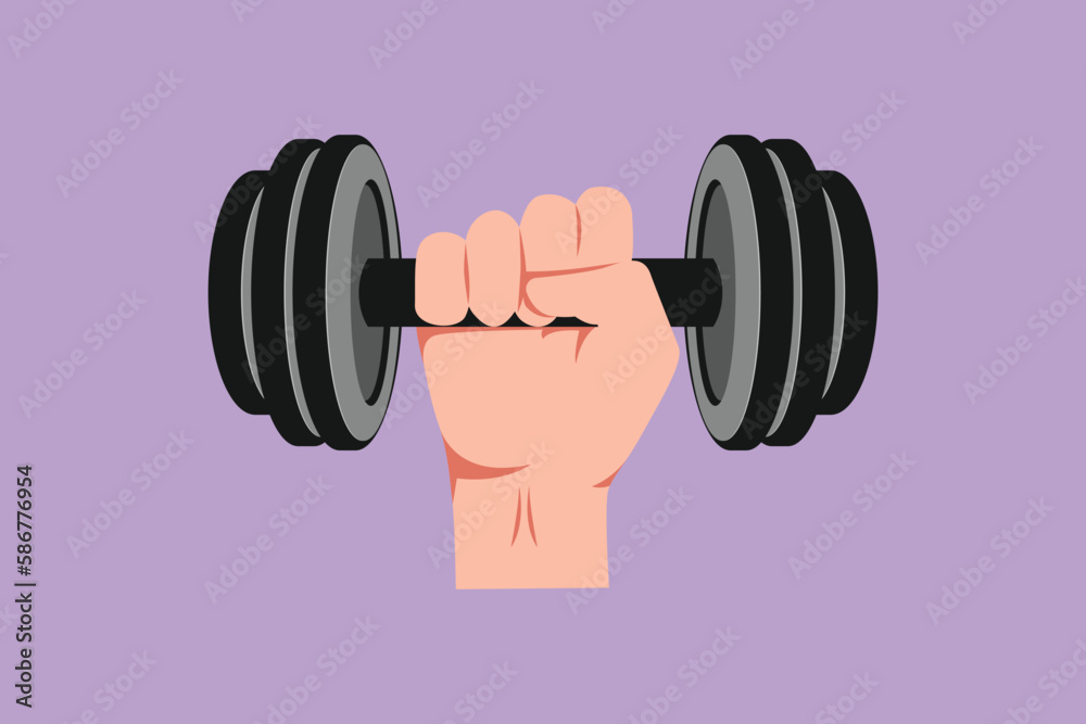 Cartoon flat style drawing of strong hand lifting up steel dumbbell ...