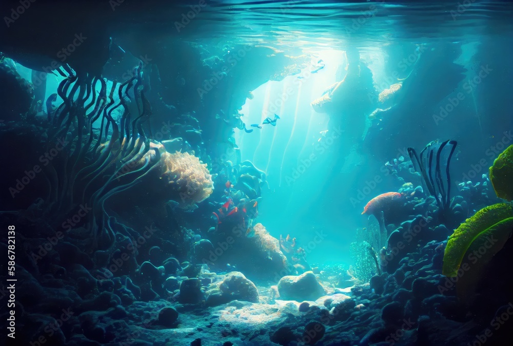 Deep sea and aquatic life with sunshine background. Digital art ...