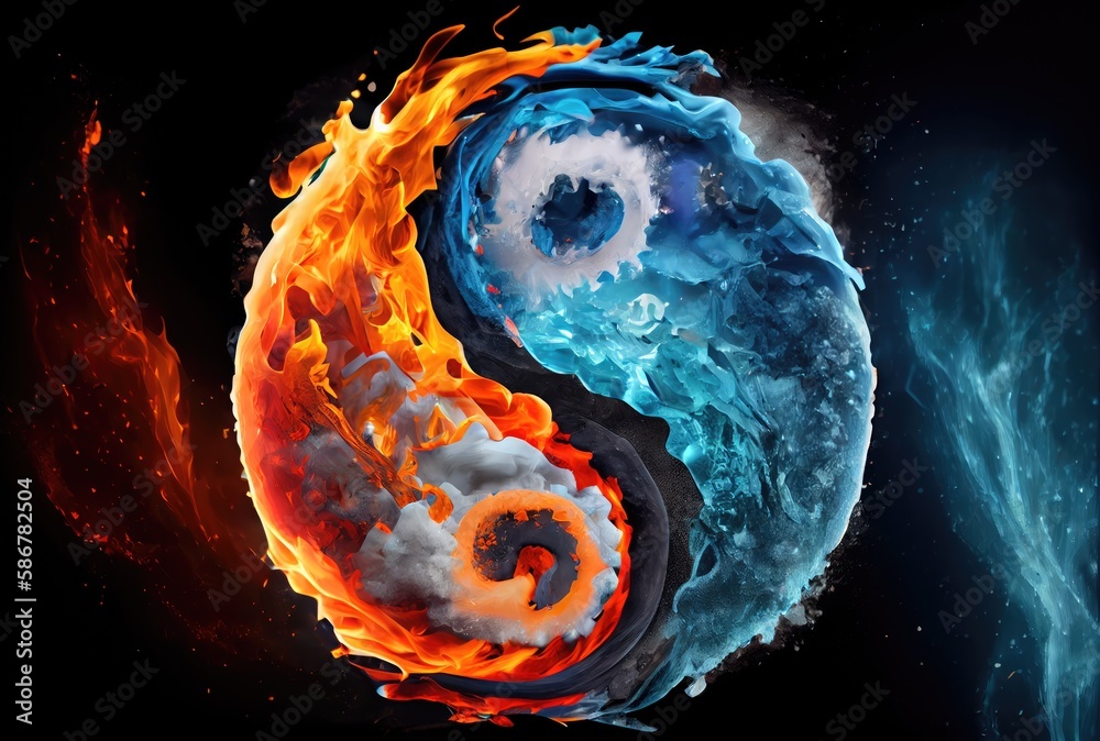 Fire and Ice climate in the Yin and Yang on dark background. Abstract ...