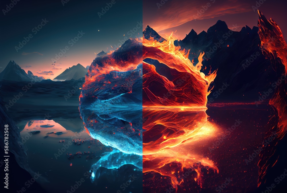 Half fire and half ice mountains with the sky background. Metaphor and ...