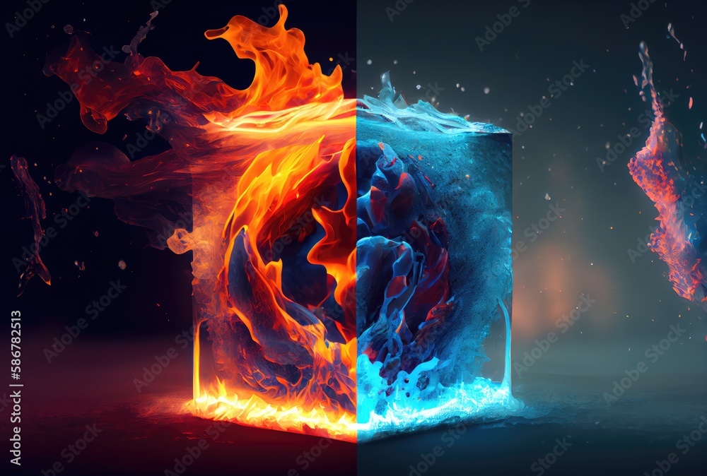 Half fire and half ice mountains with the sky background. Metaphor and ...