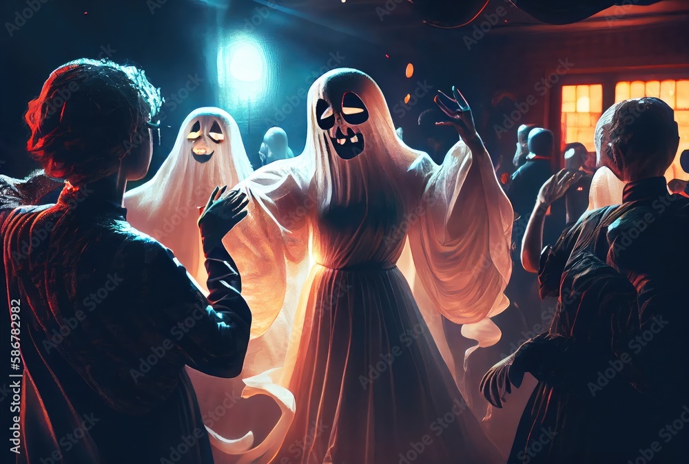 Crowd people celebrate the Halloween day party by dressing up in ghost ...