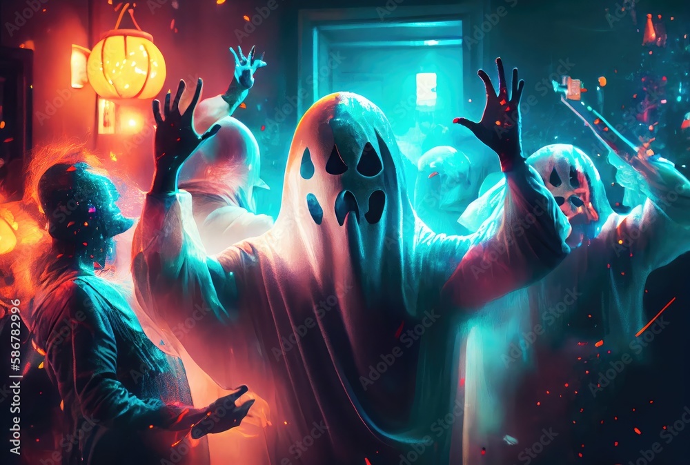 Crowd people celebrate the Halloween day party by dressing up in ghost ...