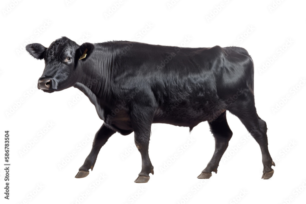 an isolated black cow side portrait, farm-themed photorealistic ...