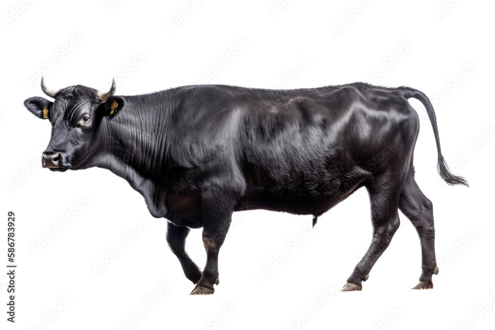 an isolated black cow side portrait, farm-themed photorealistic ...
