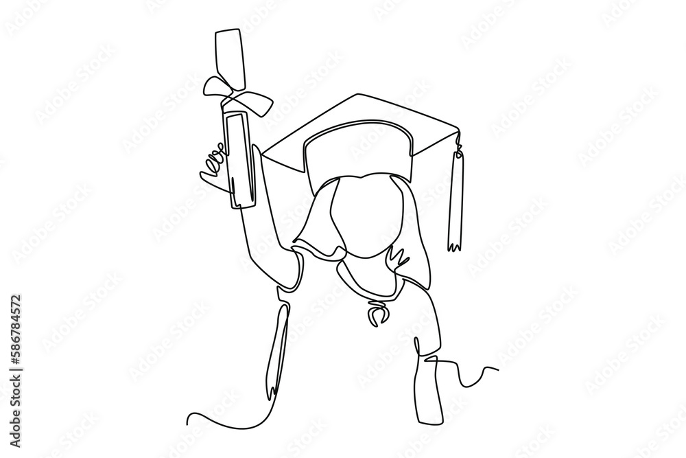 Single one-line drawing girl holding up her graduation paper ...